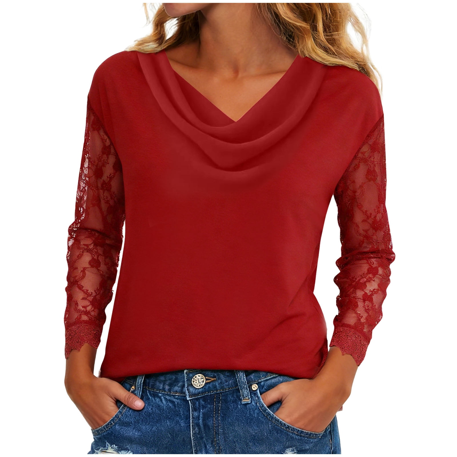 GEWSEY Women's Long Sleeve Shirts Cowl Neck Lace Mesh Tops Dressy ...