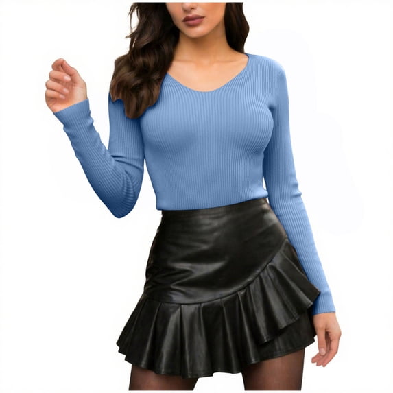 GEWSEY Women's Ribbed Long Sleeve Basic Top - Soft Stretch Crewneck ...