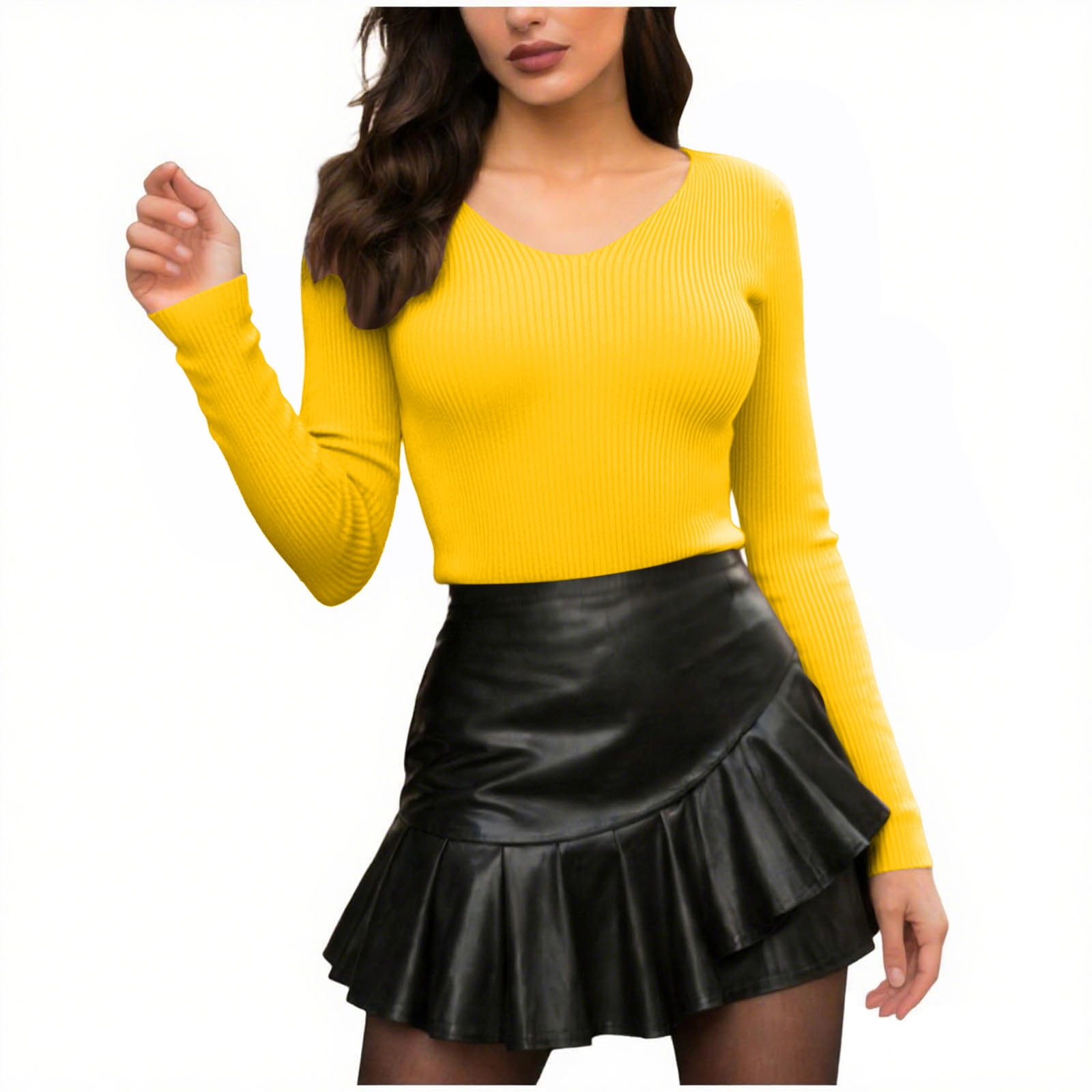 GEWSEY Women's Ribbed Long Sleeve Basic Top - Soft Stretch Crewneck ...