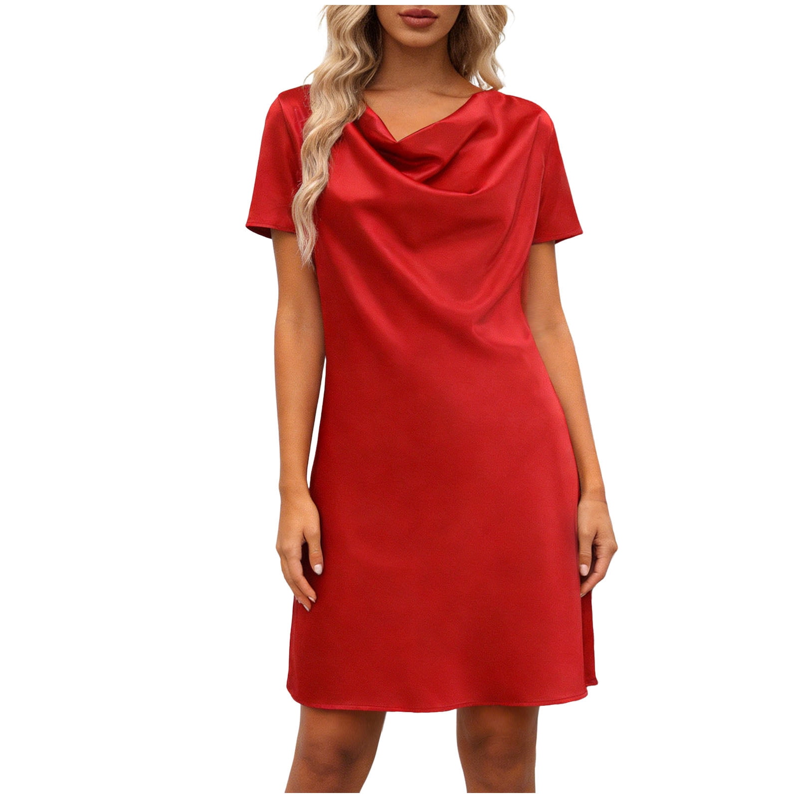 GEWSEY Women’s Satin Cowl Neck Short Sleeve Mini Dress Silky Summer ...