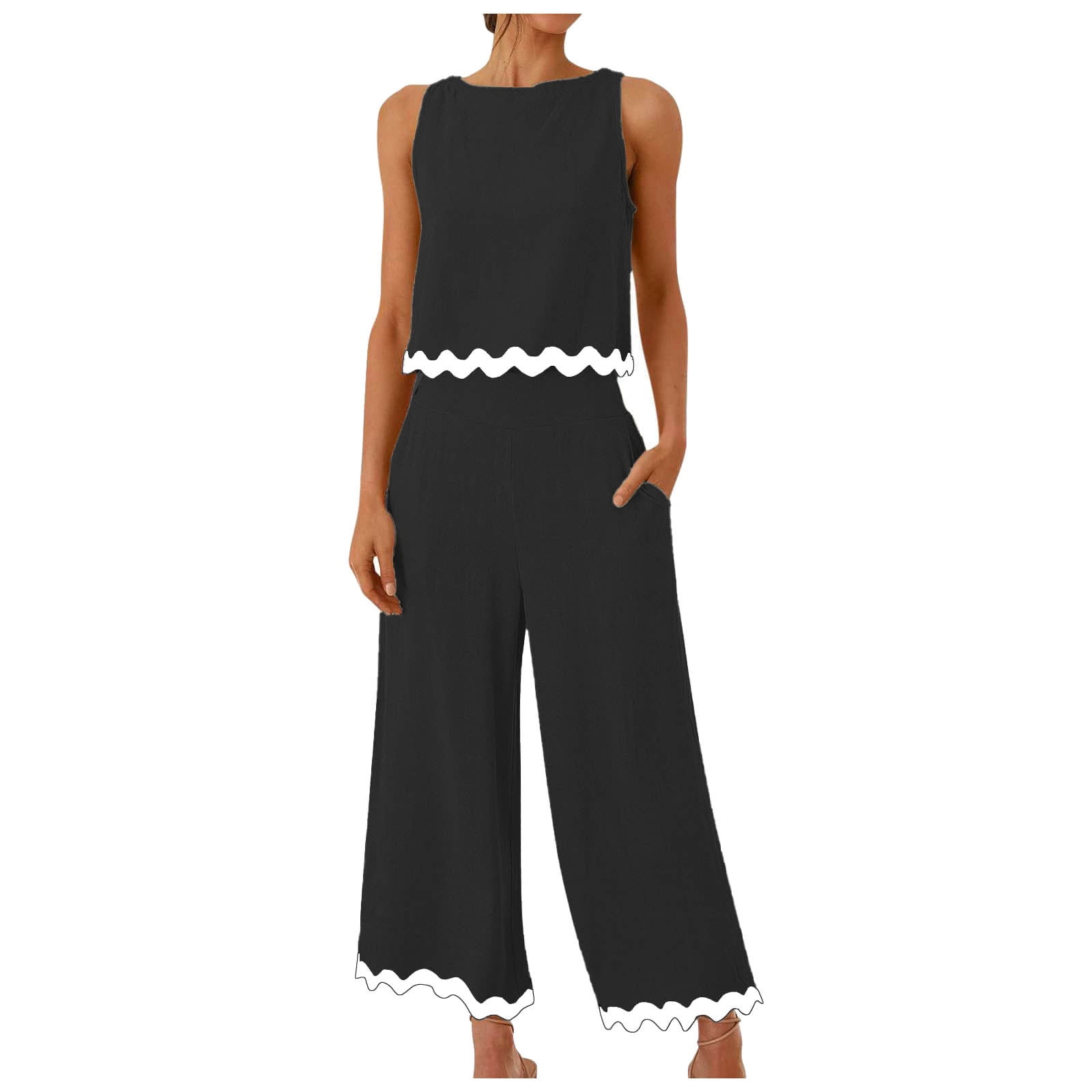 GEWSEY Women's Summer 2 Piece Outfits Sleeveless Crop Top Capri Wide ...