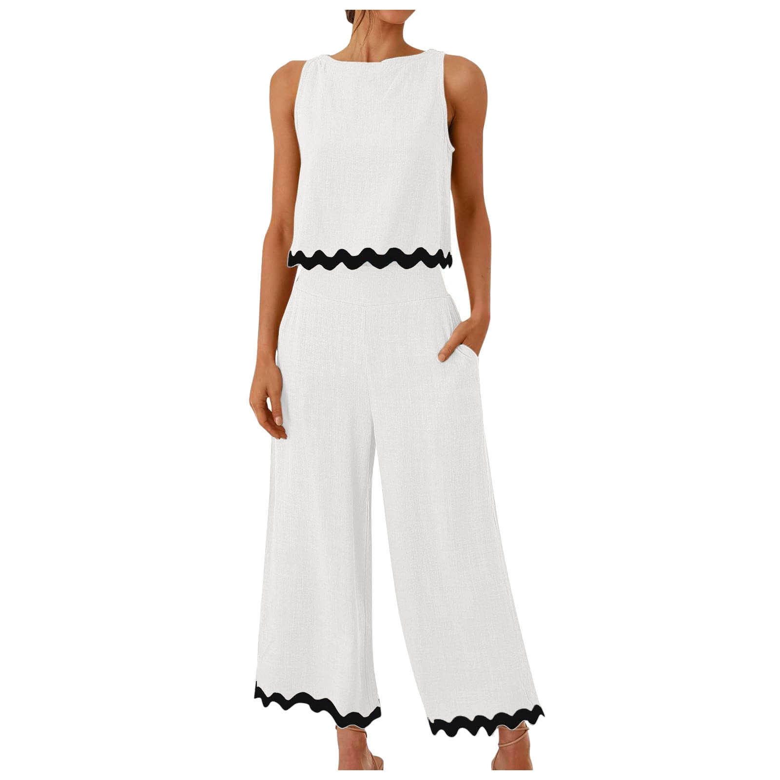 GEWSEY Women's Summer 2 Piece Outfits Sleeveless Crop Top Capri Wide ...