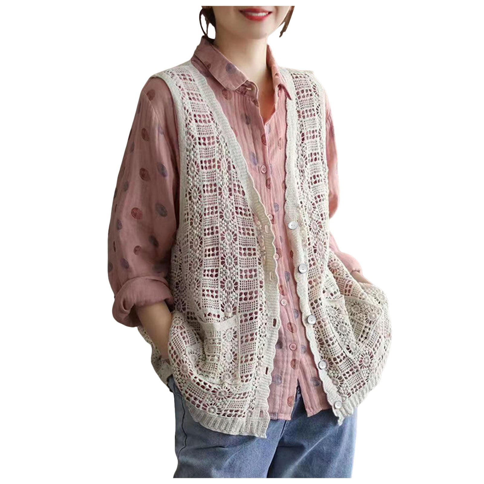 GEWSEY Womens Floral Crochet Lace Boho Trim Sleeveless Open Front Vest ...