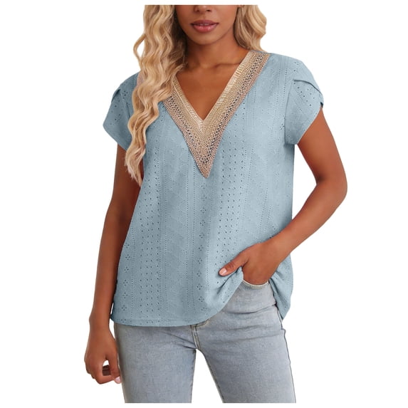 GEWSEY Womens Guipure Lace Panel V Neck Short Sleeve Tops Eyelet ...