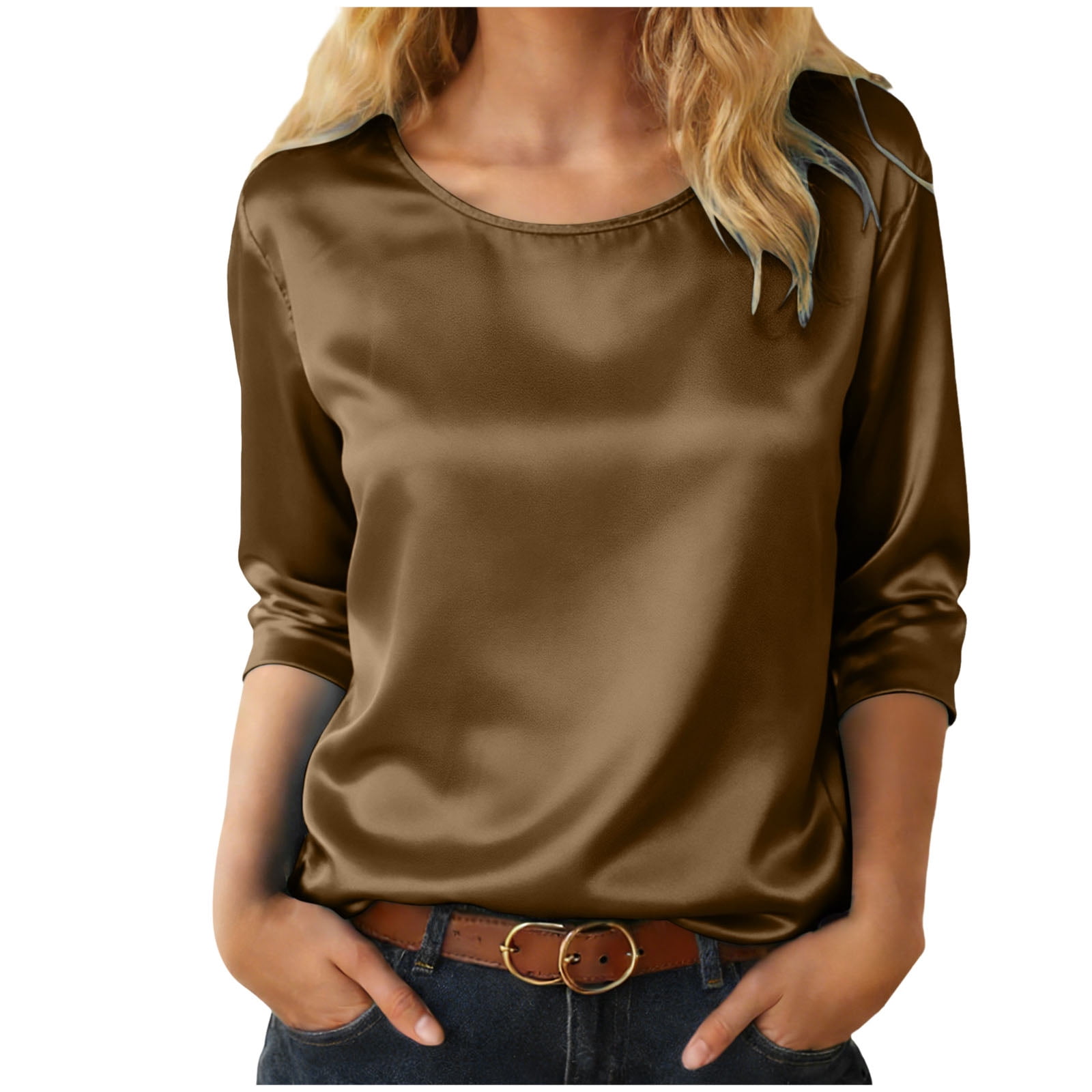 GEWSEY Womens Satin Silk 3/4 Length Sleeve Tunic Tops Trendy Silky ...