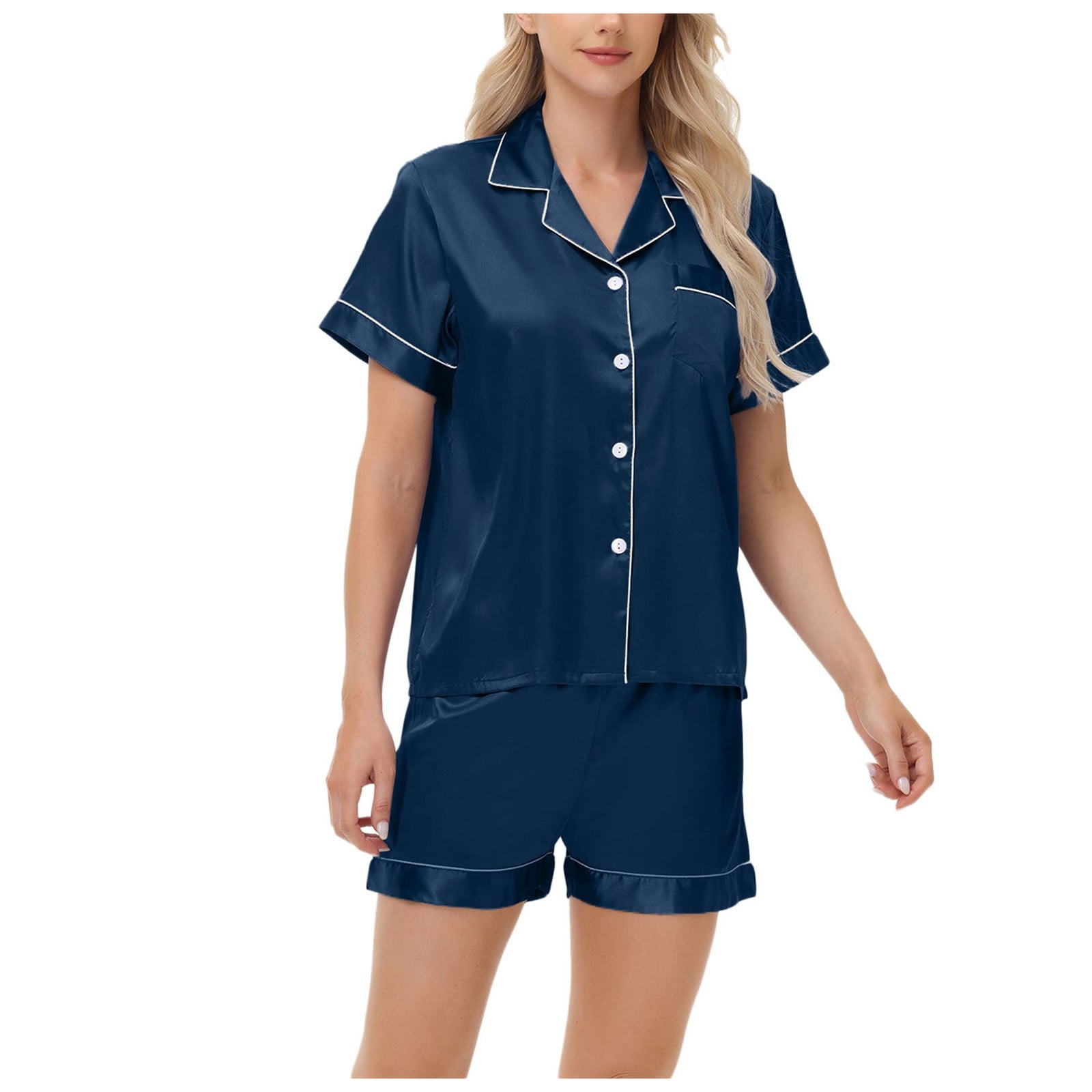 GEWSEY Womens Silk Satin Pajamas Set Short Sleeve Sleepwear Button Down ...