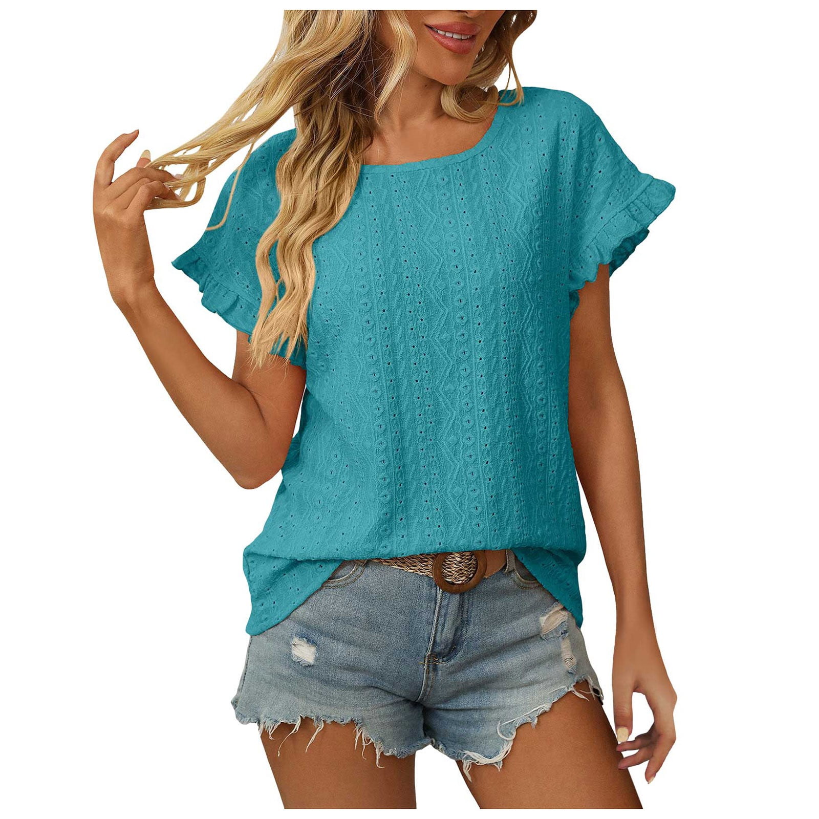 GEWSEY Womens Summer Tops Crewneck Eyelet Ruffle Sleeve Blouses Casual ...