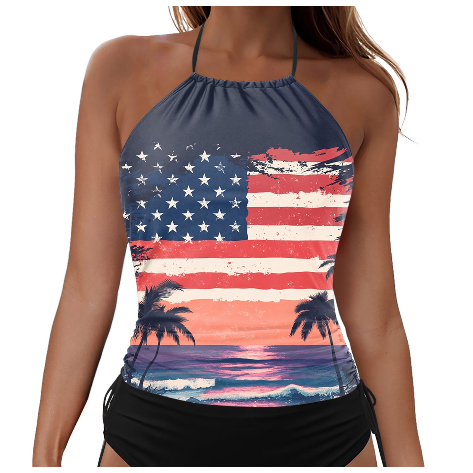 GEWSEY Womens Swim Tankini Tops High Neck With Fourth Of July And Flag ...