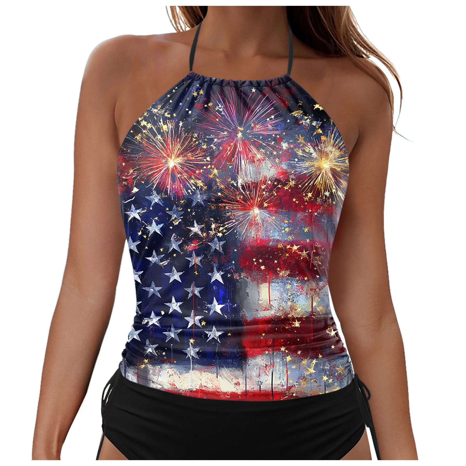 GEWSEY Womens Tankini Top Cow Skull with With Fourth Of July And Flag ...