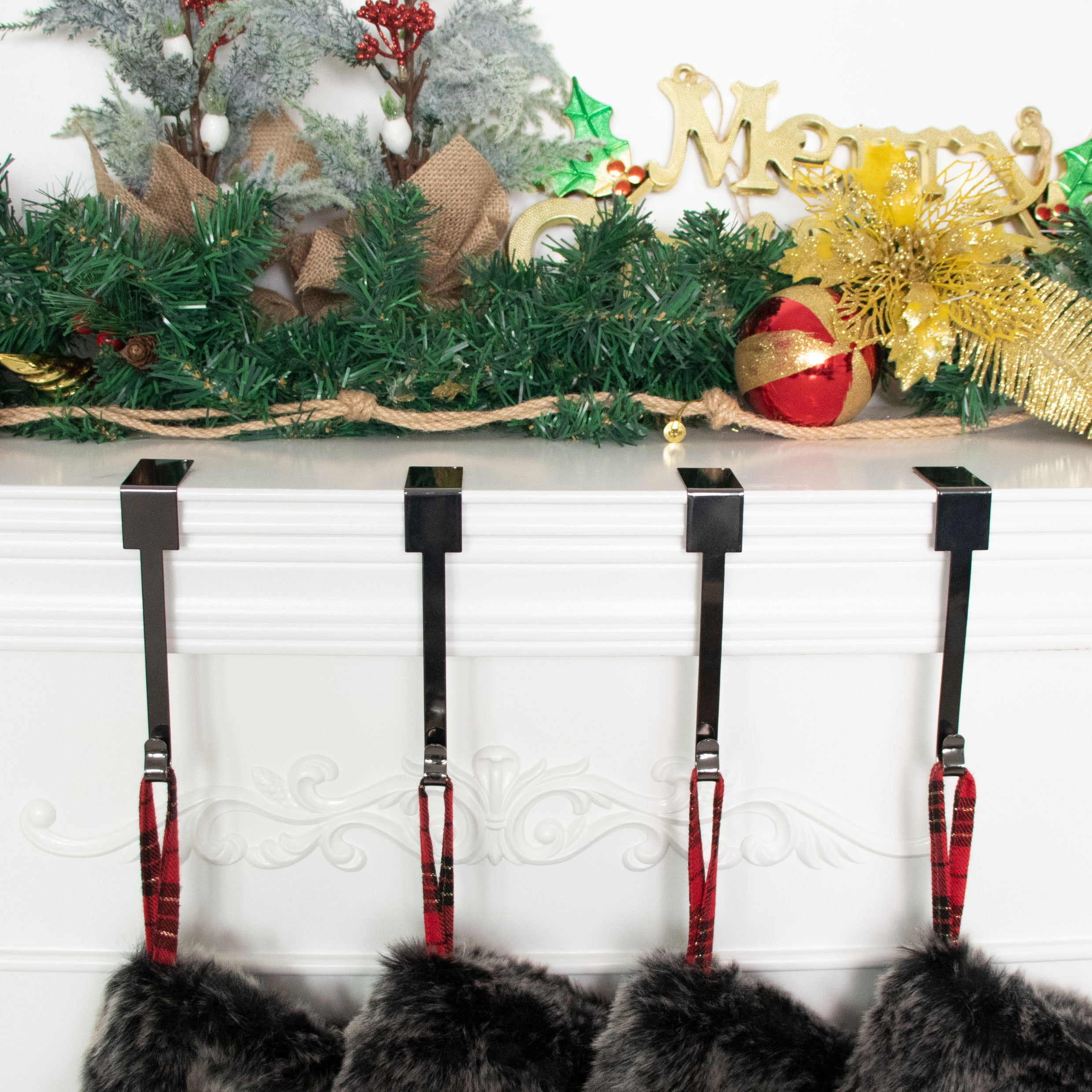 GEX New Skid proof Christmas Stocking Holder Hook Hanger Fireplace Metal Decor Black T shape Set ...