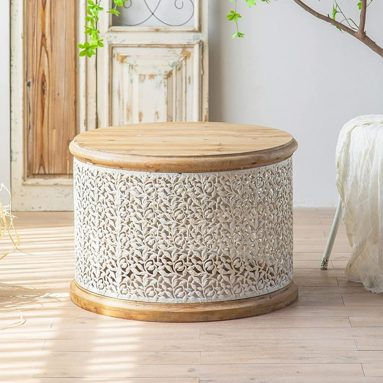 GEXPUSM 25 Round Coffee Tables for Living Room Iron Flower Hollow Craft Storage Wood Coffee Table Brown White