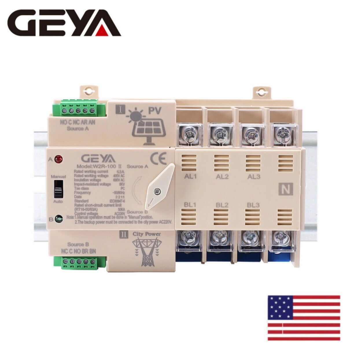 GEYA PV Solar Automatic Transfer Switch 4P 63A 220V 230V Solar To Grid ...