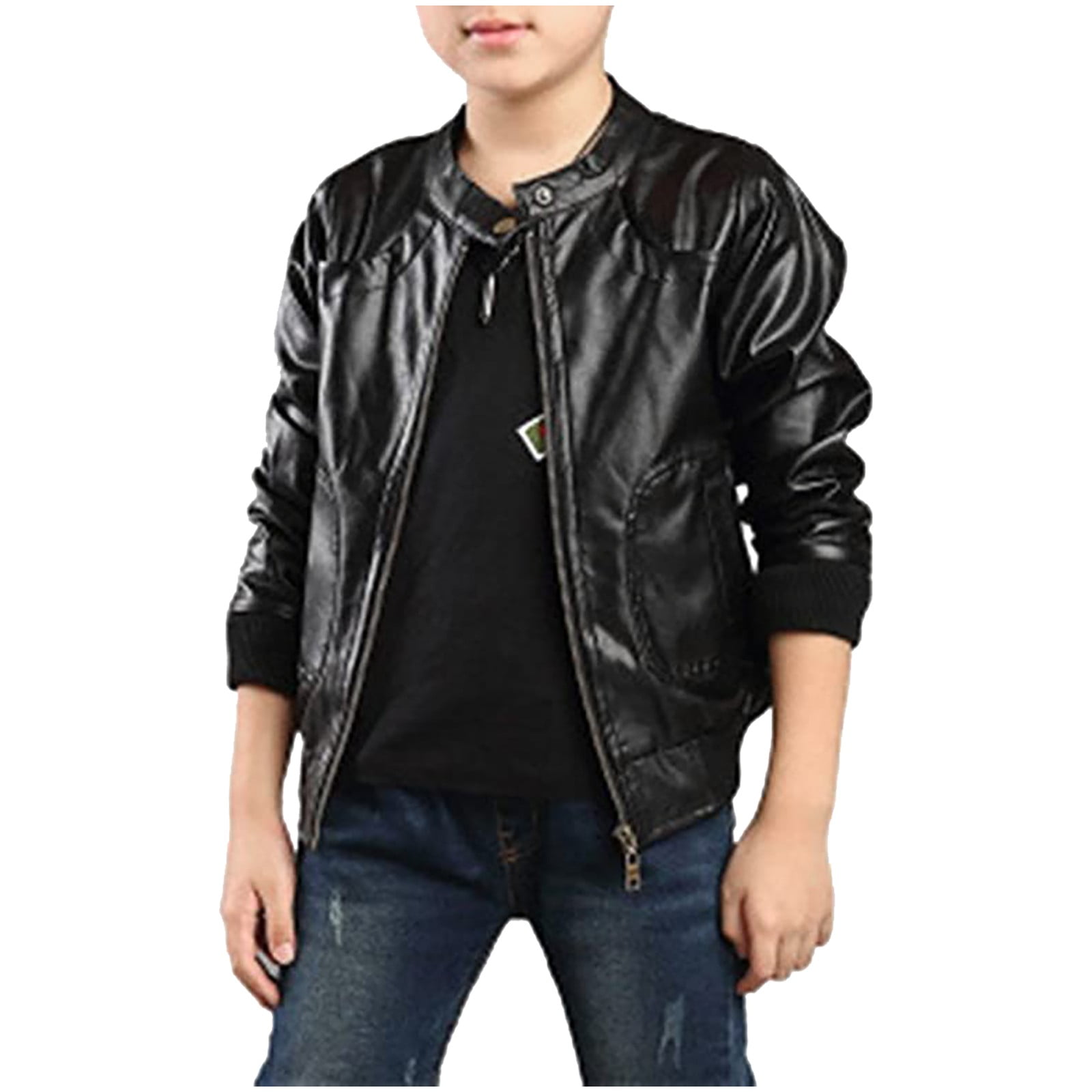 GEZHEN Boy's Trendy Stand Collar Leather Moto Jacket Leather Coat Long ...