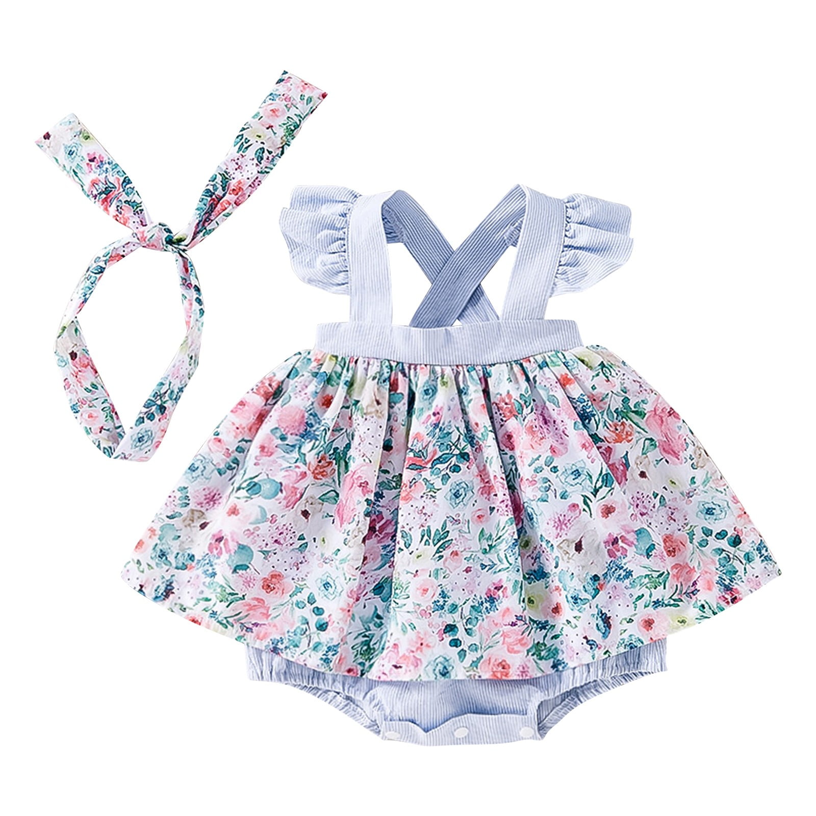 GEZHEN Girl Cute Floral Fly Sleeves Pajama Crawler Dress Headband Two ...