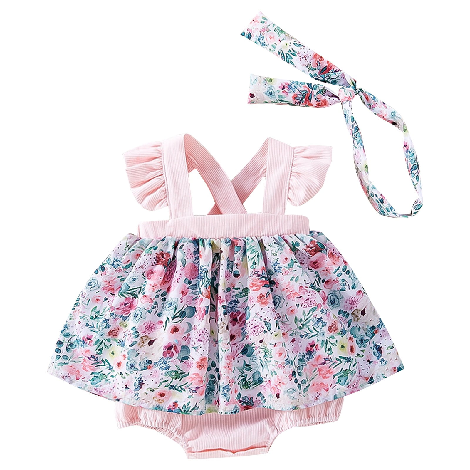 GEZHEN Girl Cute Floral Fly Sleeves Pajama Crawler Dress Headband Two ...