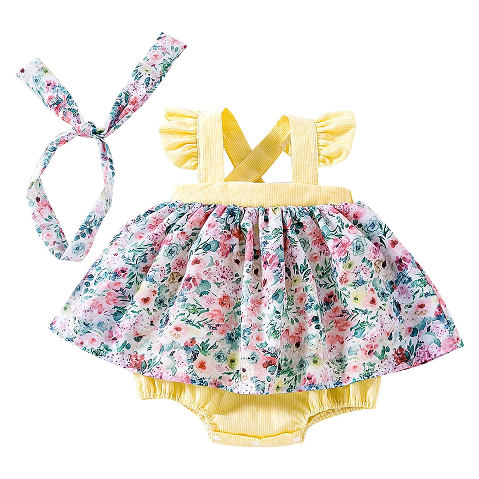 GEZHEN Girl Cute Floral Fly Sleeves Pajama Crawler Dress Headband Two ...