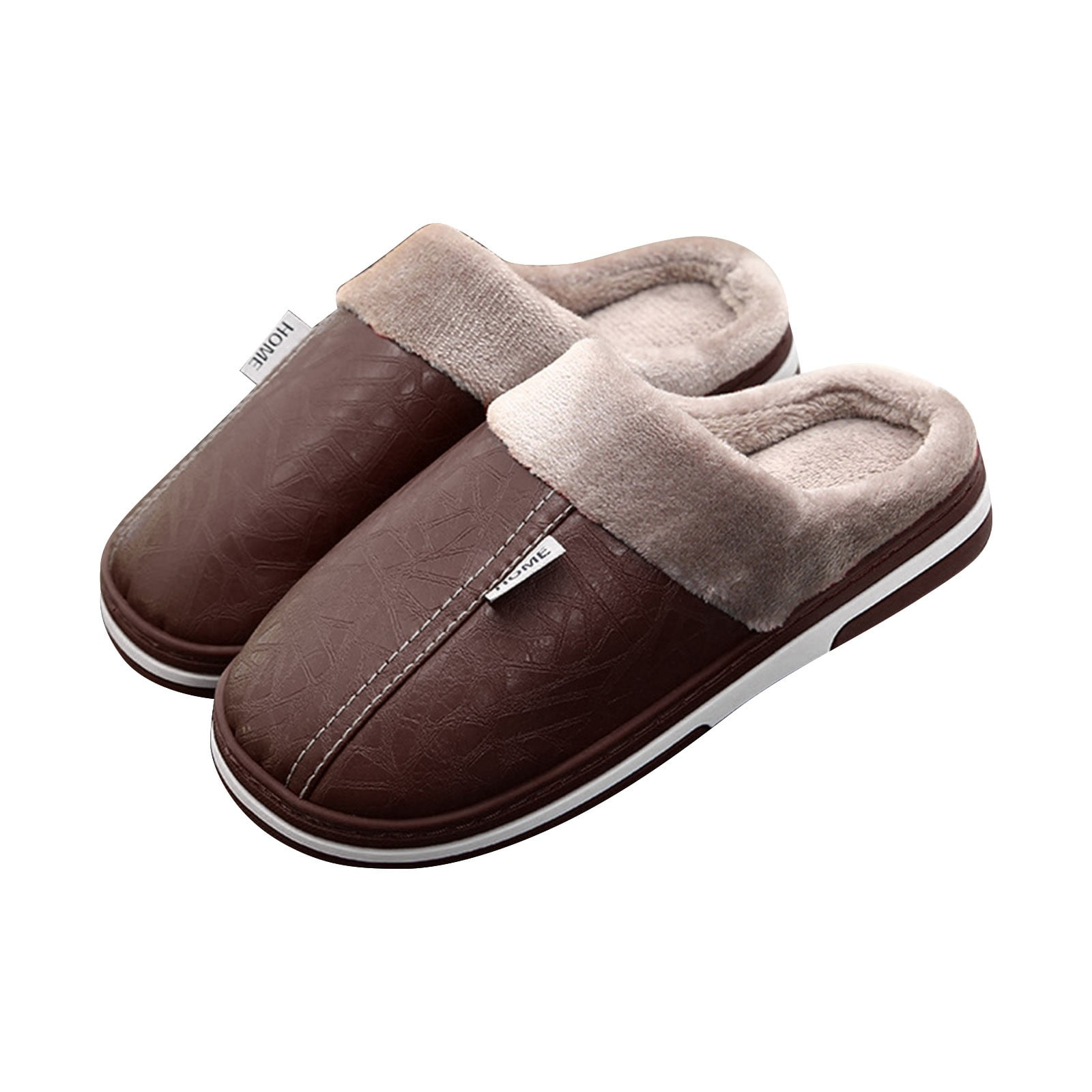 GEZHEN Leather Slippers for Men Winter Warm Home Couple Indoor Non Slip ...