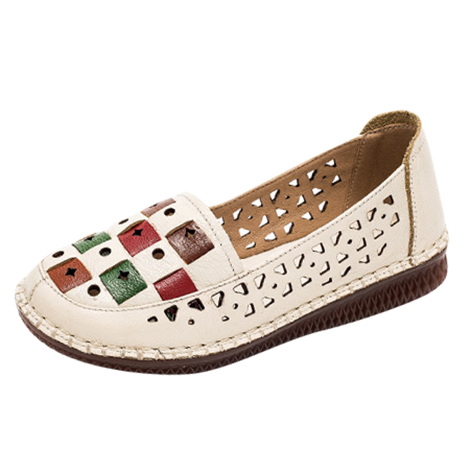 GEZHEN Women's Perforated Soft Leather Tendon Sole Flat Shoes For Women ...