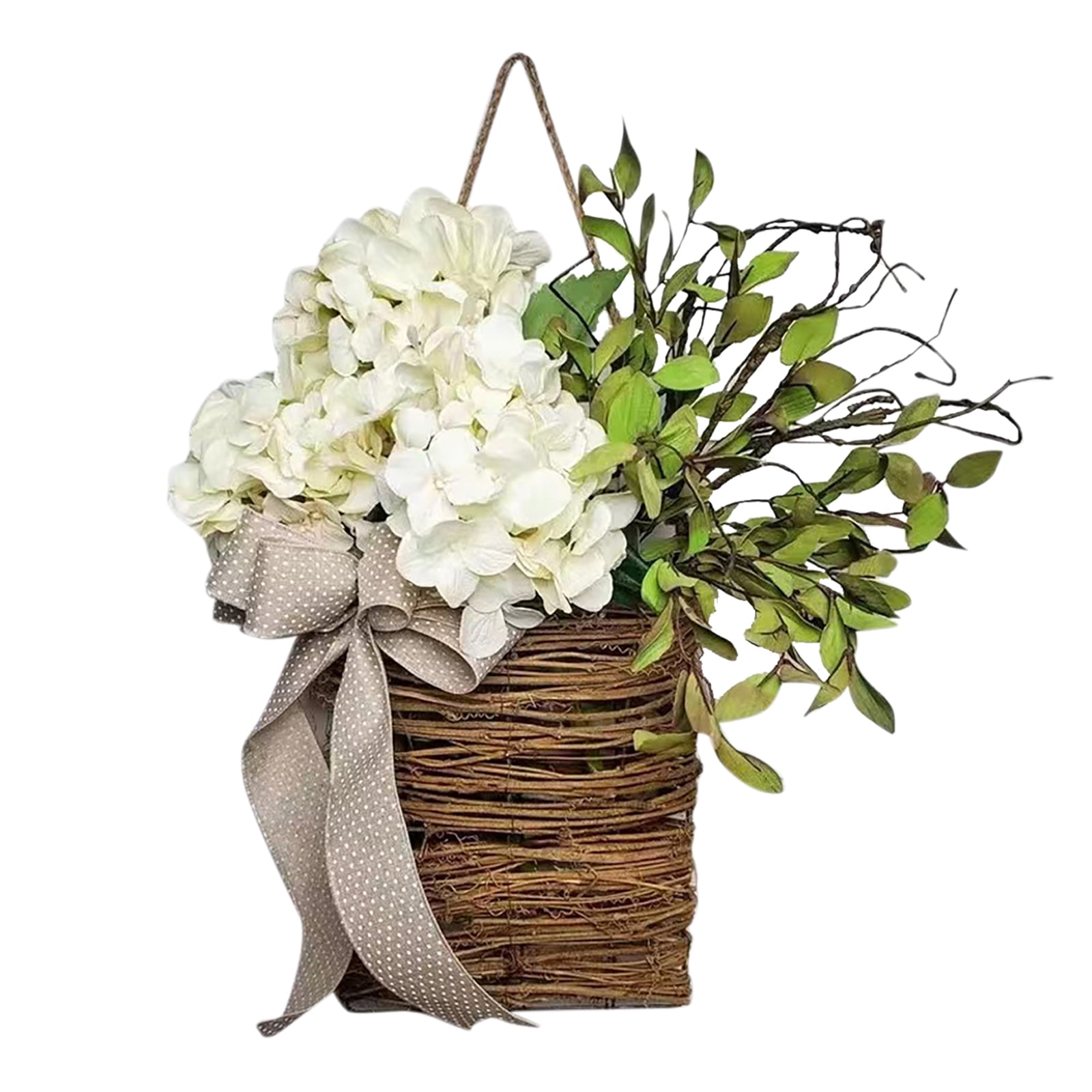 GEjnmdty 15.7Inch Artificial White Hydrangea Hanging Basket Wreath ...