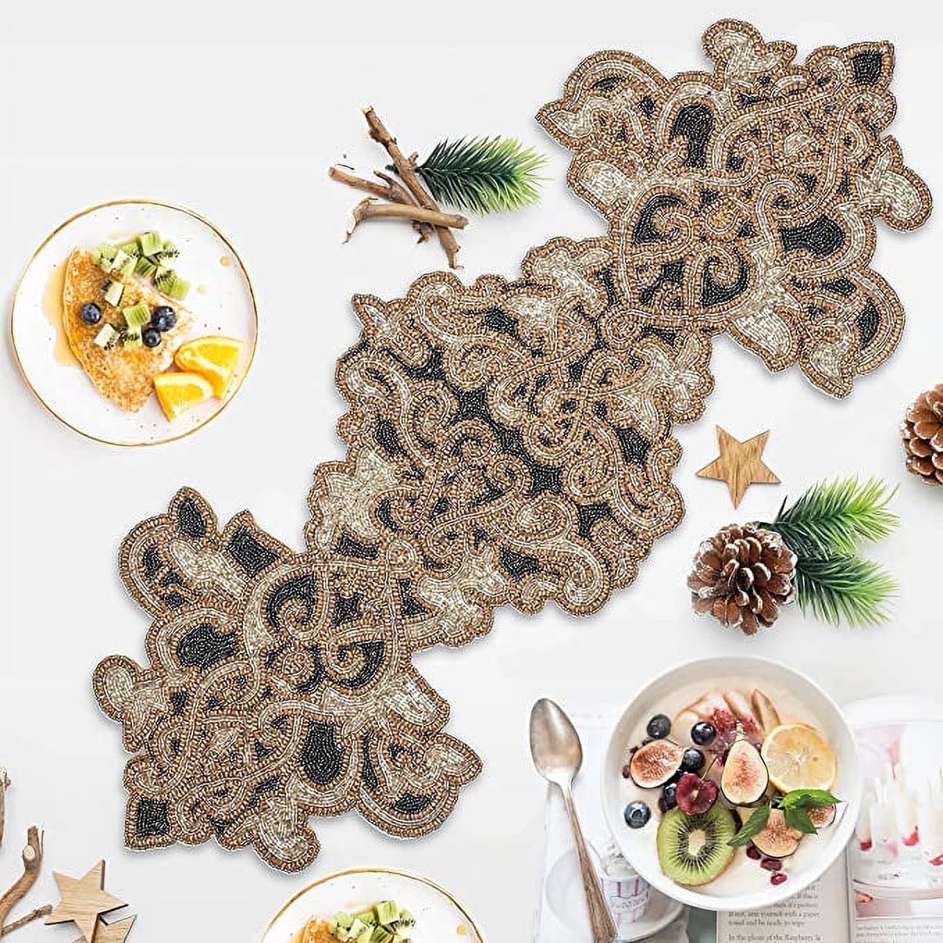 GFI LINEN CLUBS Hand Made Beaded Table Runner / Home Decor Mat in Gold ...