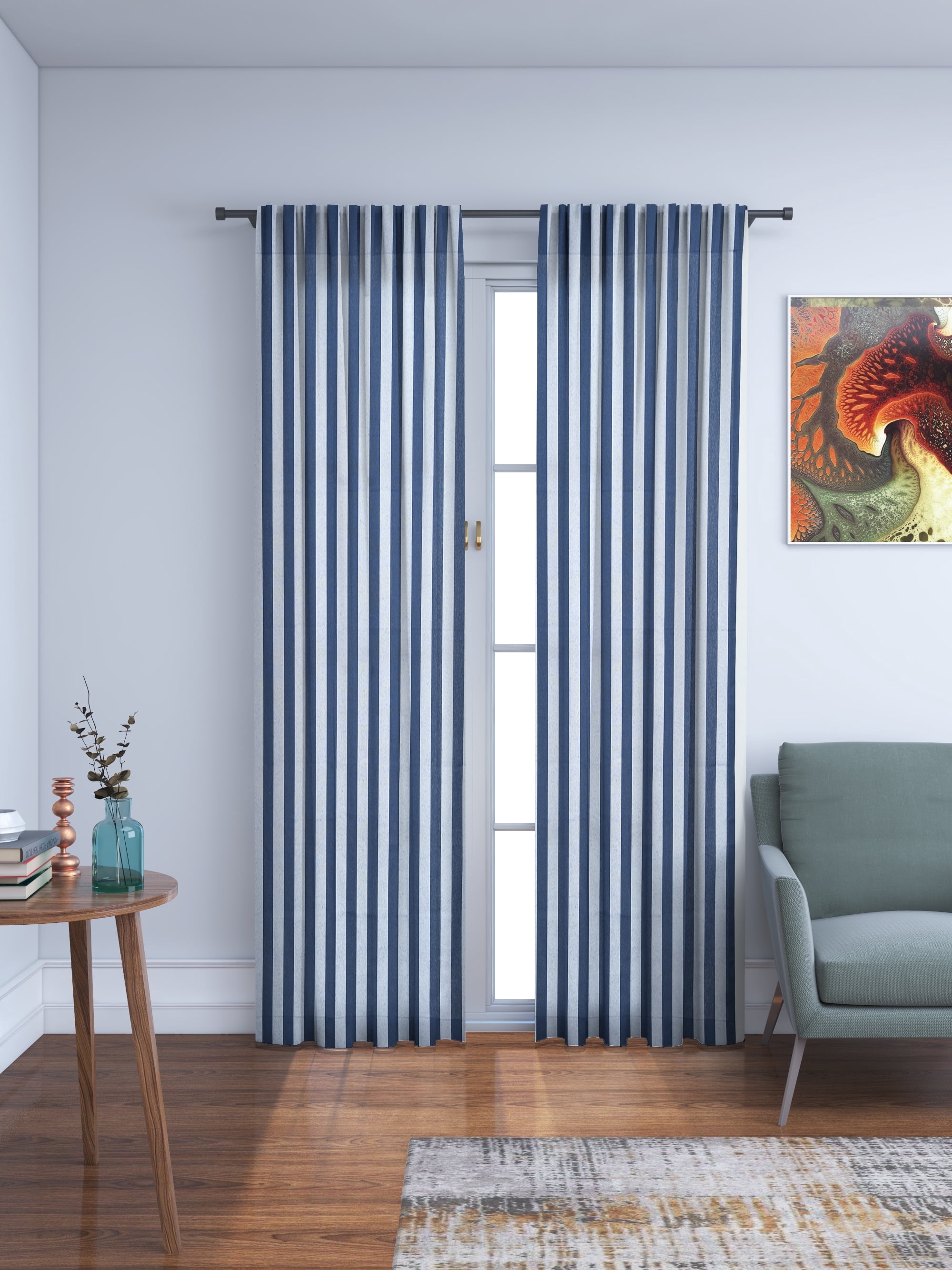 GFI Linen Clubs 100% Cotton Navy White Stripe Reverse Tab Curtains ...
