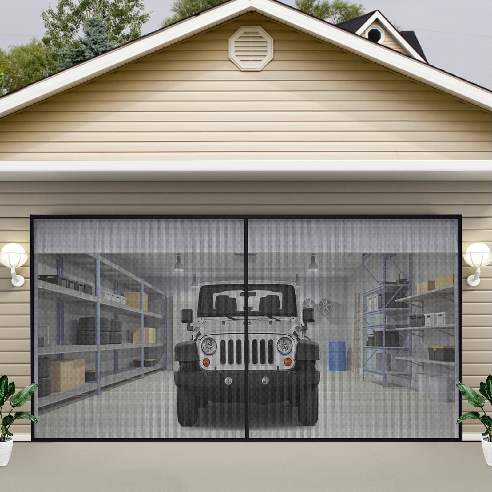 GFNXYI 18 x 7 FT Garage Door Screen for 2-Car Garages, Heavy Duty Magnetic Closure Mesh with ...