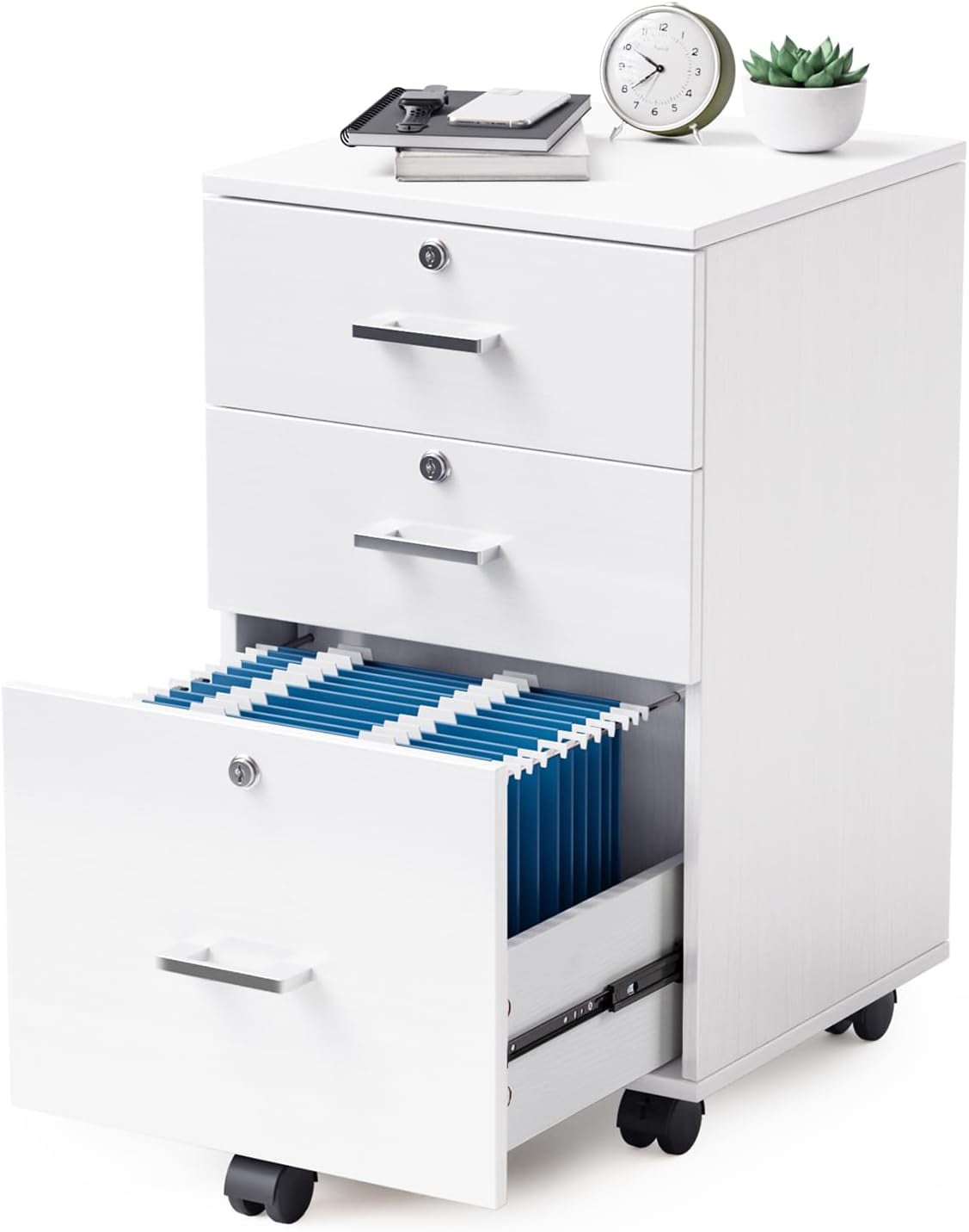 GFNXYI 3-Drawer File Cabinet with Lock, Wood Rolling Filing Cabinets ...