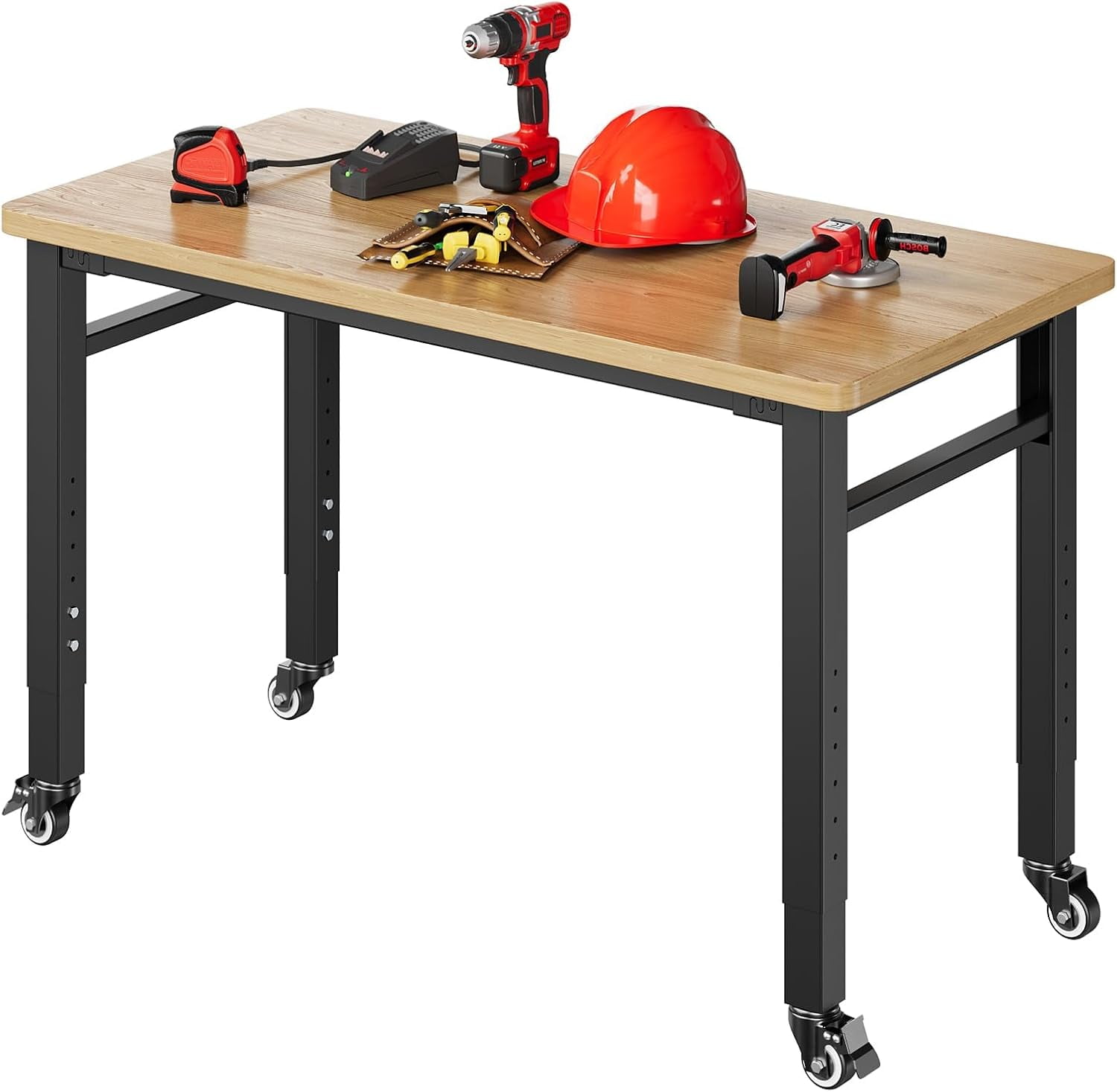 GFNXYI 48" Adjustable Portable Workbench with Wheels, Rubber Wood Top ...