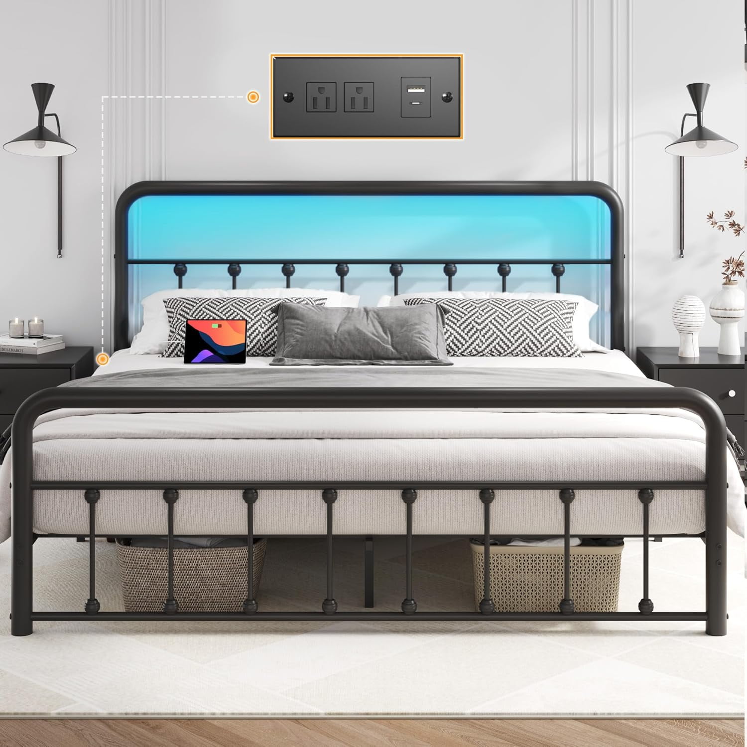 GFNXYI Queen Bed Frame Classic Metal Platform Bed Frame with Charging ...