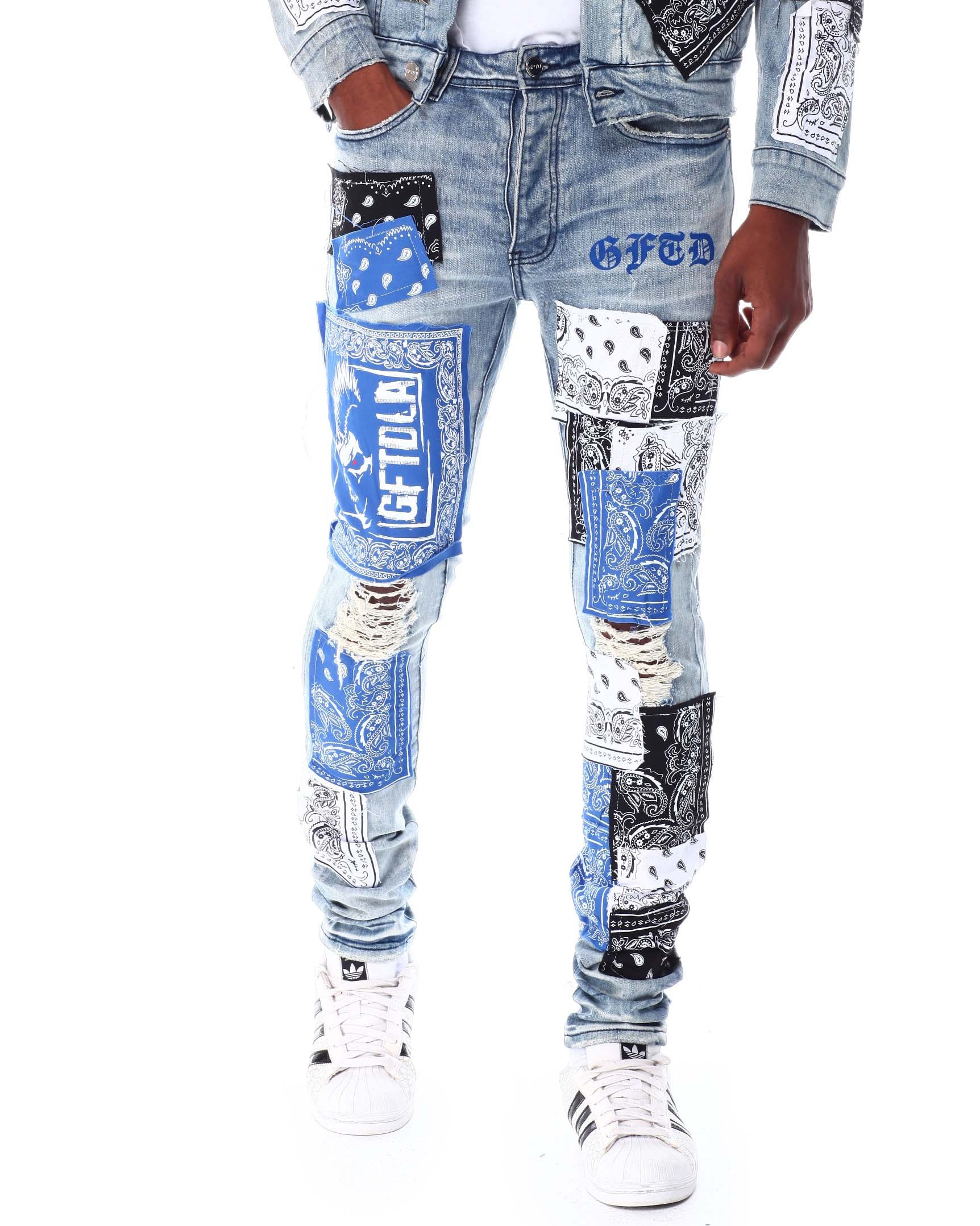 GFTD LA Los Angeles Men's Adrian Skinny Fit Paisley Panel Distress Ripped Jeans (42, Blue ...