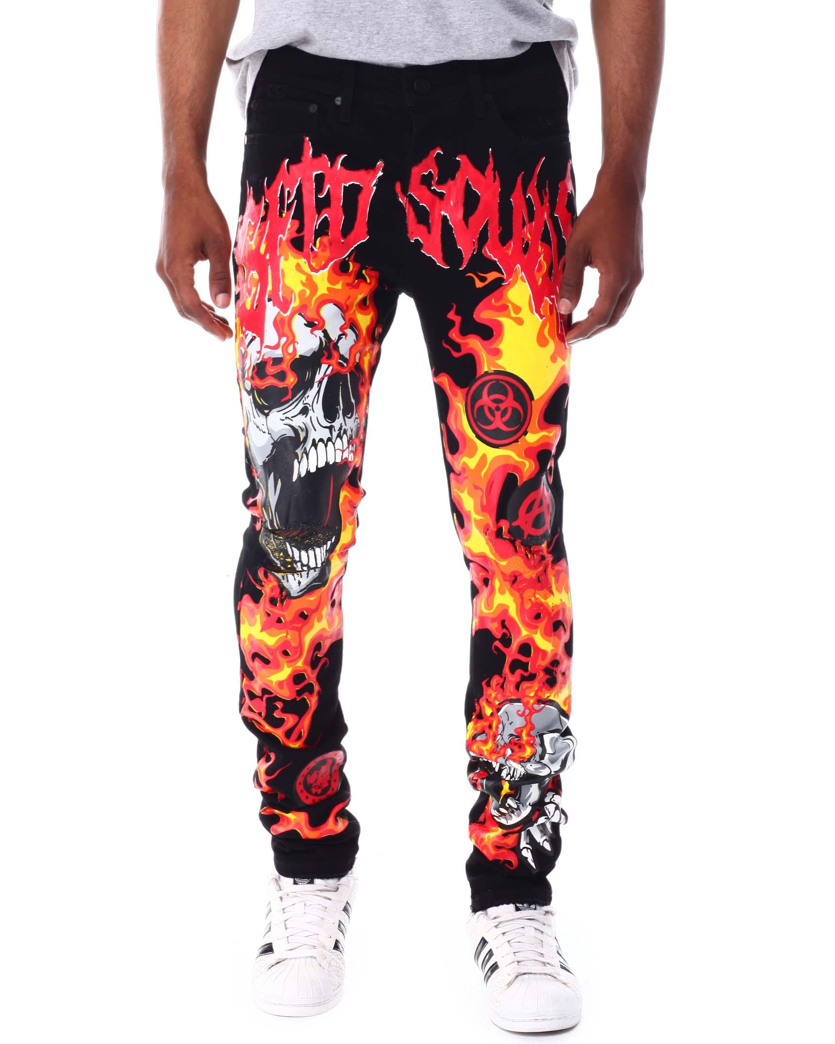 GFTD LA Los Angeles Men's Chrome Fur Skinny Fit Painted Fire Skull Distressed Jeans (36, Black ...