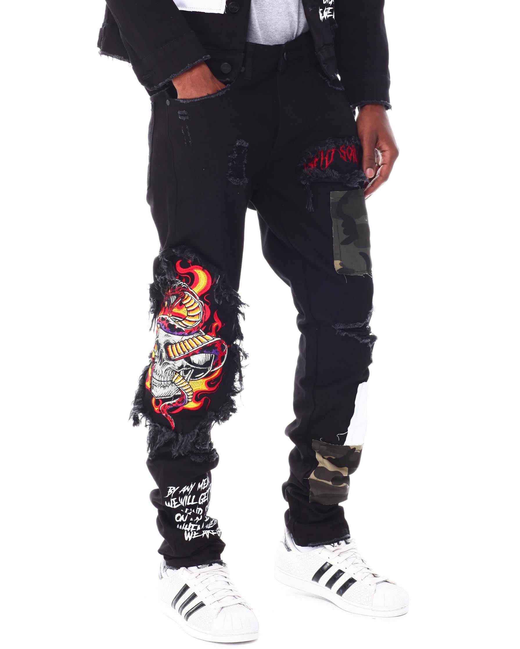 GFTD LA Los Angeles Men's Ezra Skinny Fit Embroidered Skull Distress ...