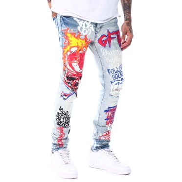 GFTD LA Los Angeles Men's Chrome Fur Skinny Fit Painted Fire Skull Distressed Jeans (36, Black ...