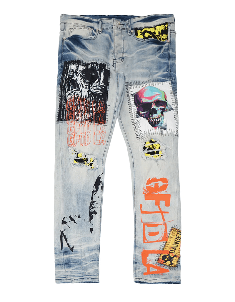 GFTD LA Los Angeles Men's Jayden Skinny Fit Panel Patches Skull ...