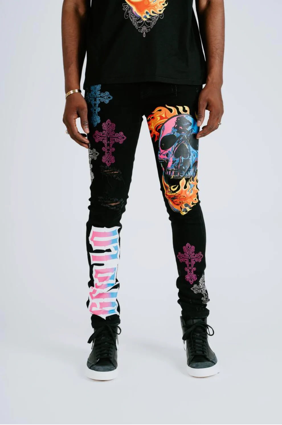 GFTD LA Los Angeles Men's Lonzo Skinny Fit Painted Skull Embellished Cross Jeans (32, Black ...