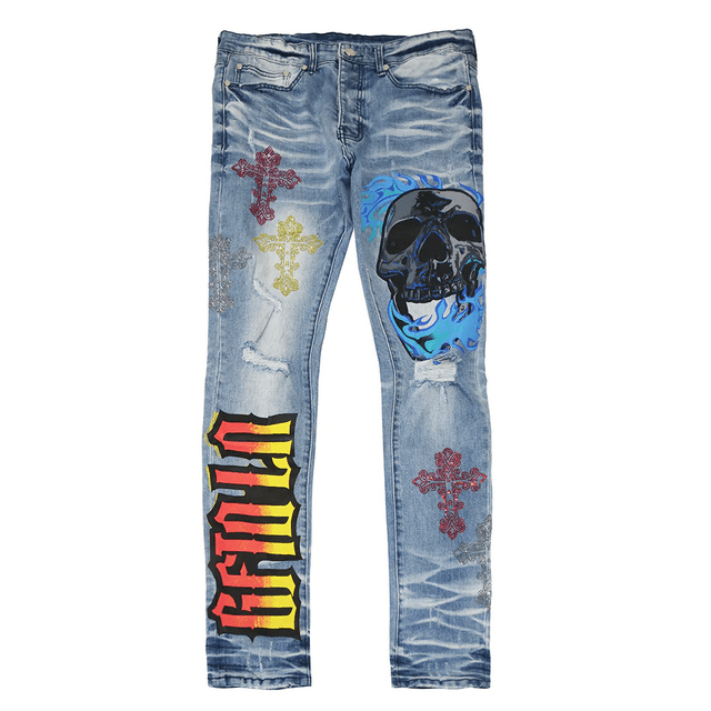 GFTD LA Los Angeles Men's Lonzo Skinny Fit Painted Skull Embellished ...