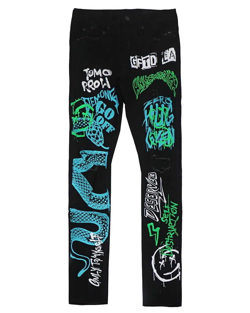 GFTD LA Los Angeles Men's SED Skinny Fit Painted Snake Distressed Rip Jeans (40, Black ...