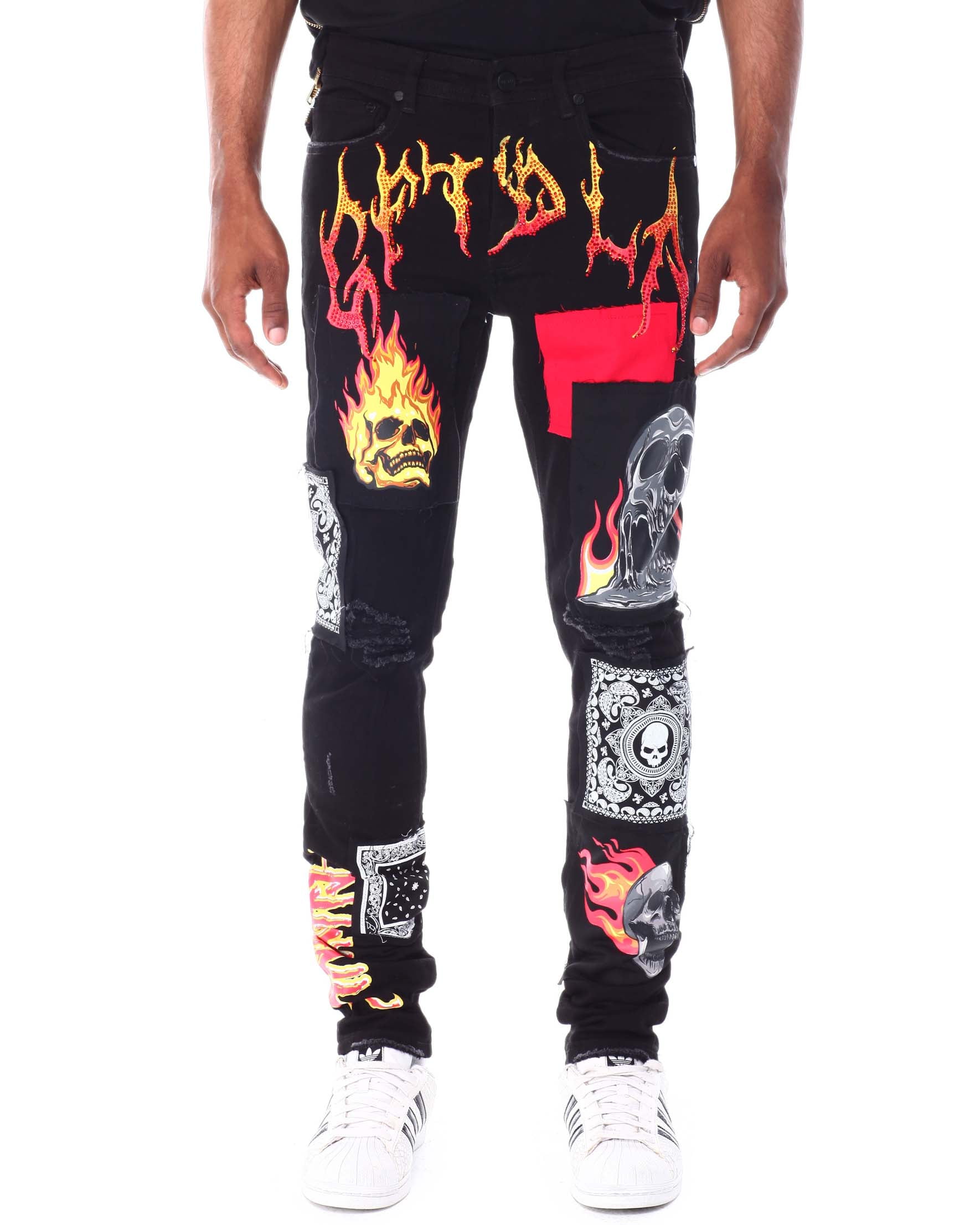 GFTD LA Los Angeles Men's Skinny Fit Panel Patch Fire Skull Distressed ...