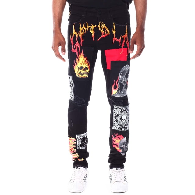 GFTD LA Los Angeles Men's Skinny Fit Panel Patch Fire Skull Distressed Rip Jeans (42, Black ...