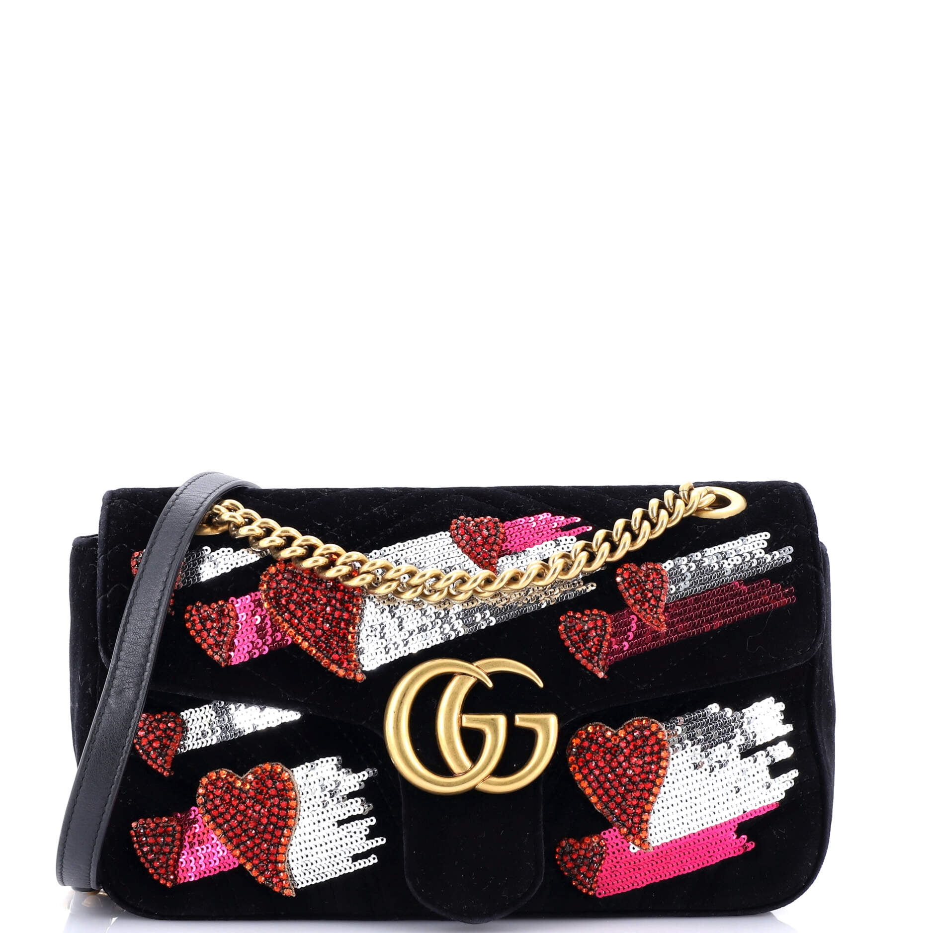 Pre-Owned GG Marmont Flap Bag Crystal Embellished Matelasse Velvet ...