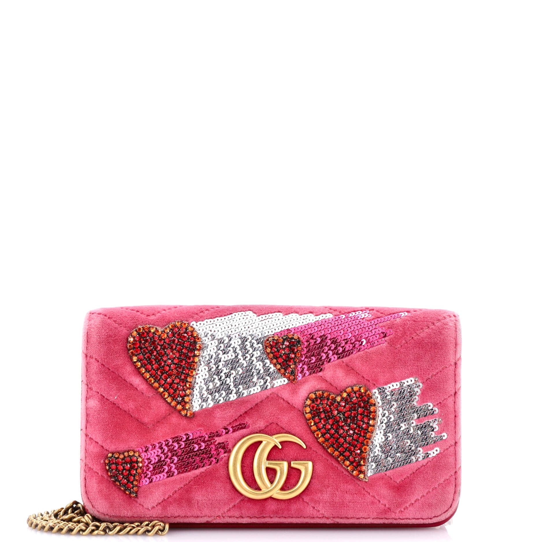 Pre-Owned GG Marmont Heart Chain Flap Bag Sequin Embellished Matelasse ...