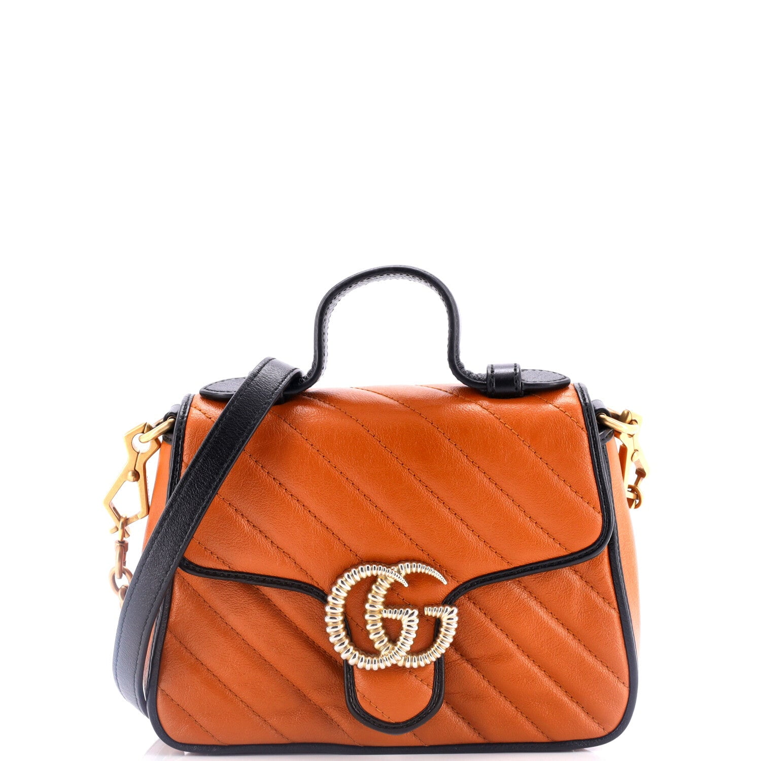 Pre-Owned GG Marmont Top Handle Flap Bag Diagonal Quilted Leather Mini ...