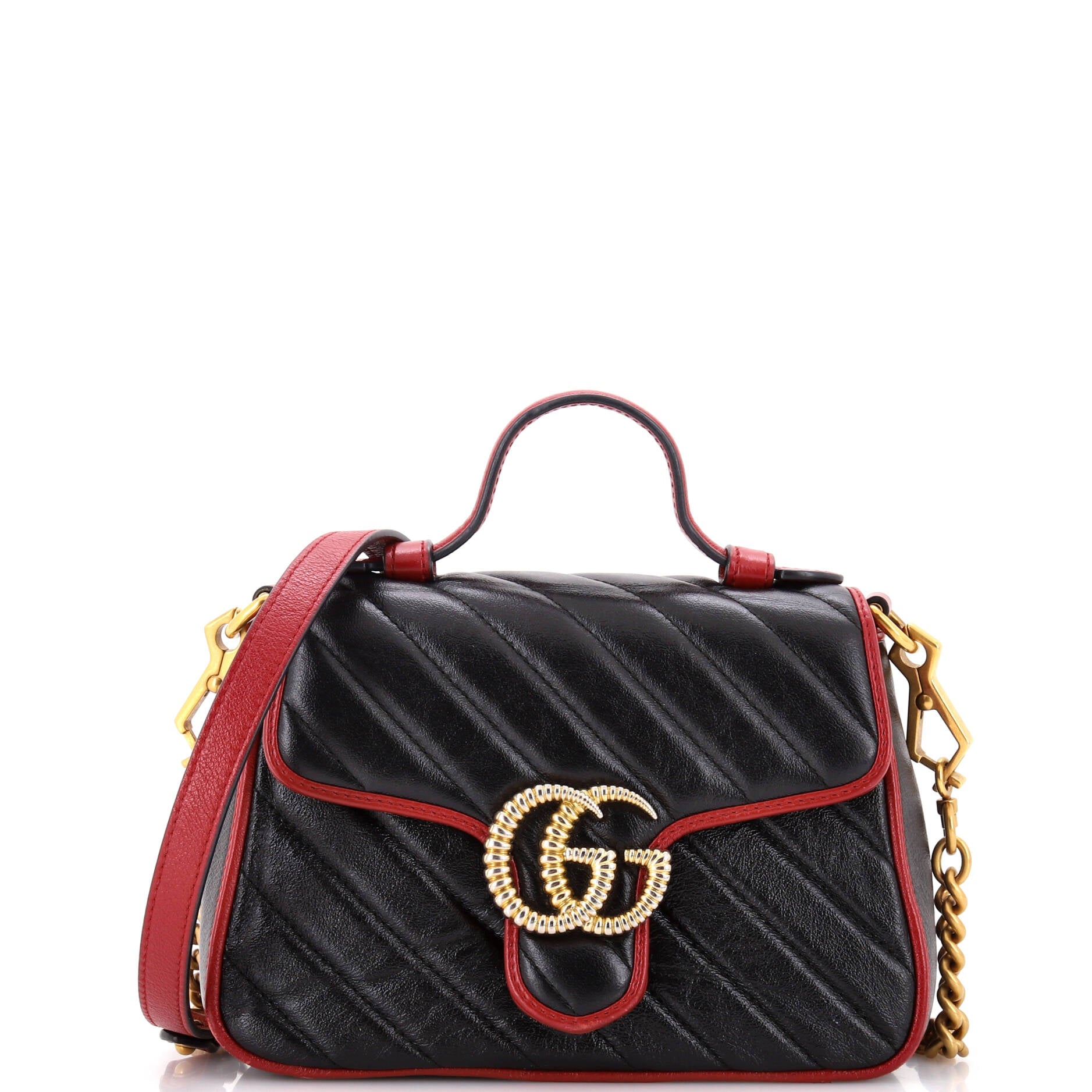 Pre-Owned GG Marmont Top Handle Flap Bag Diagonal Quilted Leather Mini ...