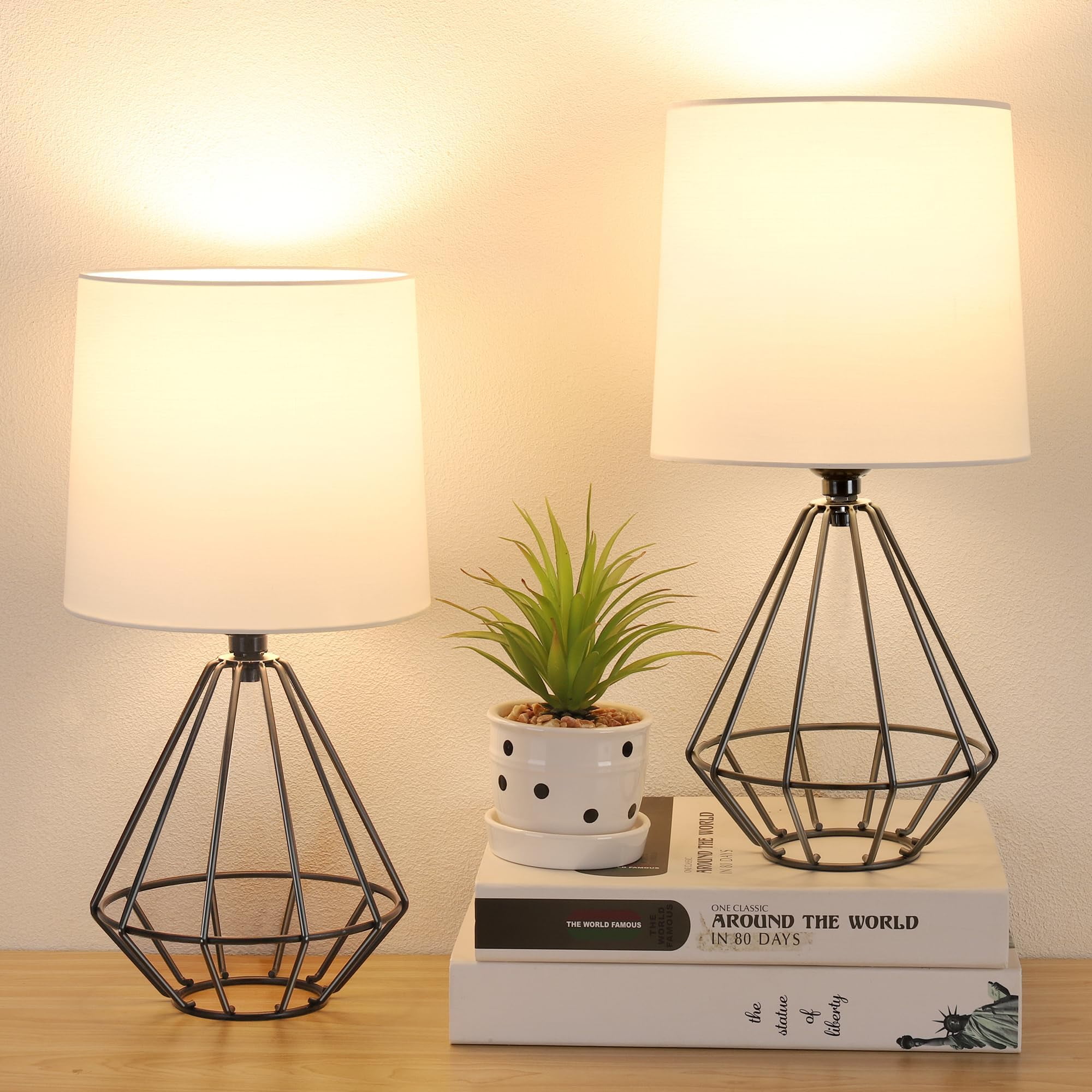 GGOYING Set of 2 Bedside Table Lamp, Black Metal Modern Lamp with White ...
