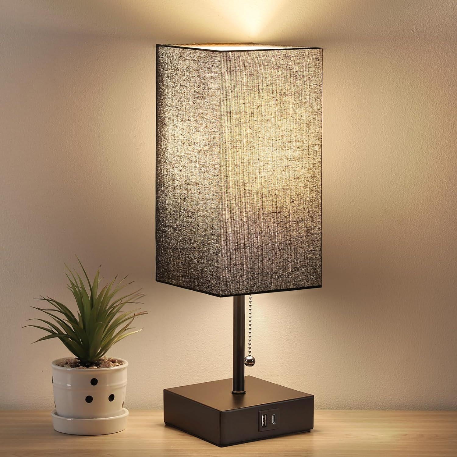 GGOYING USB Bedside Table Lamp, Pull Chain Nightstand Table Lamp with ...