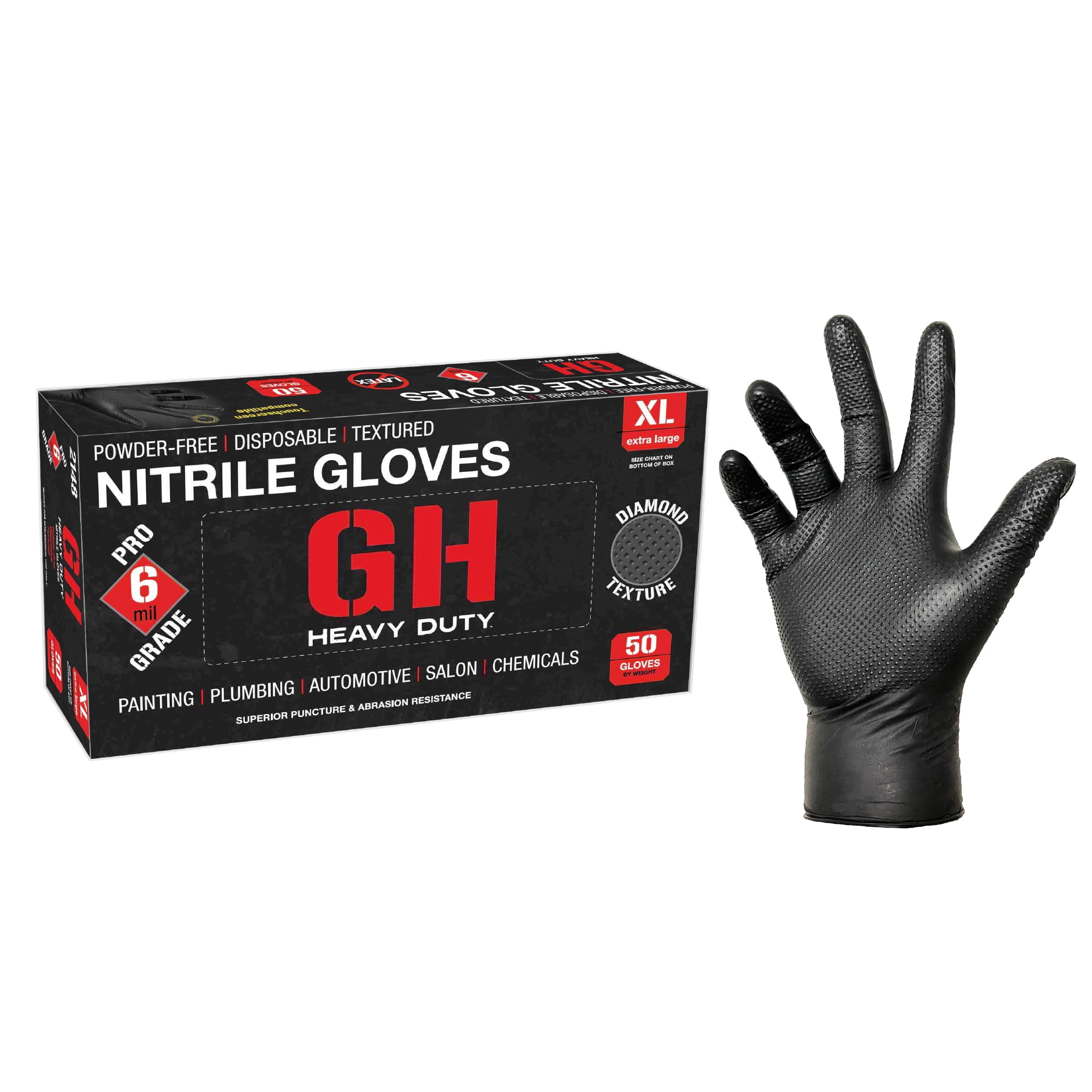 GH Heavy Duty Black Diamond Textured Nitrile Gloves, Latex & Powder Free, 6 mil Thickness ...