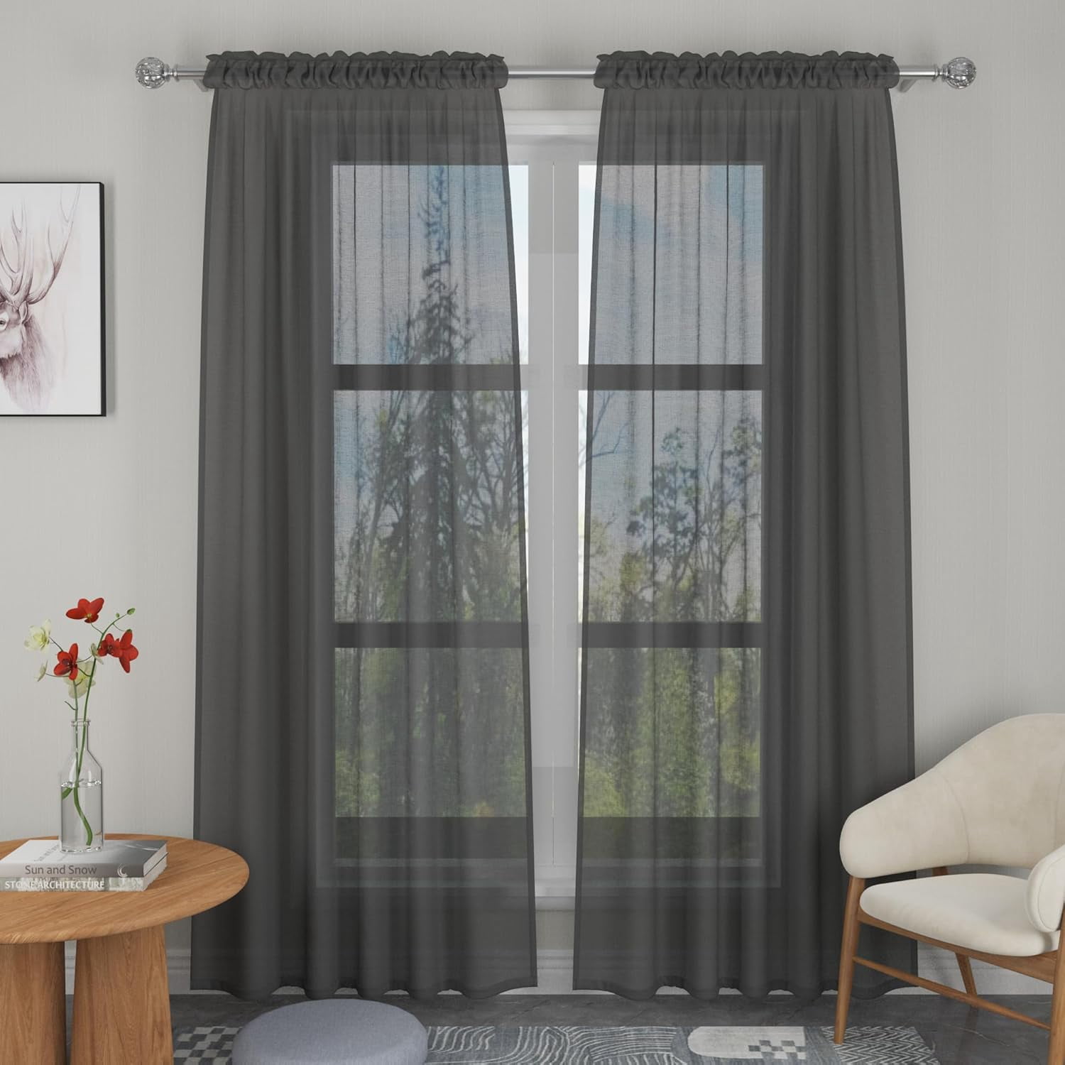 GHGSDH-Dack Grey Sheer Curtains Set Semi Light Filtering Voile Rod ...