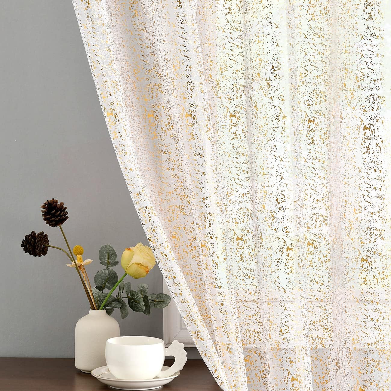 GHGSDH-Gold White Sheer Curtains 45 Inch Length 2 Panels Set, Metallic ...