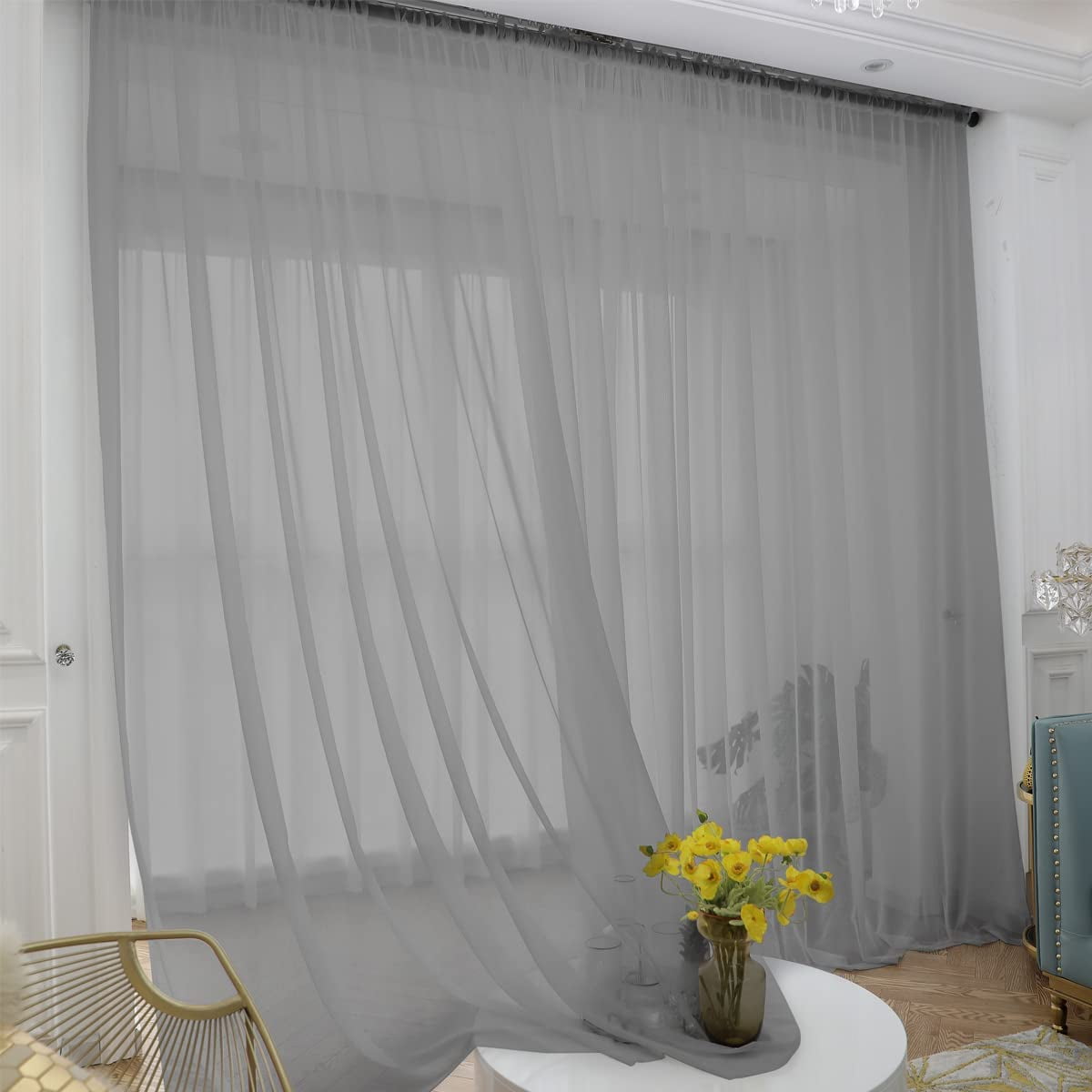 GHGSDH-Gray Sheer Curtains 120 Inches Long 2 Panels,Rod Pocket Voile ...
