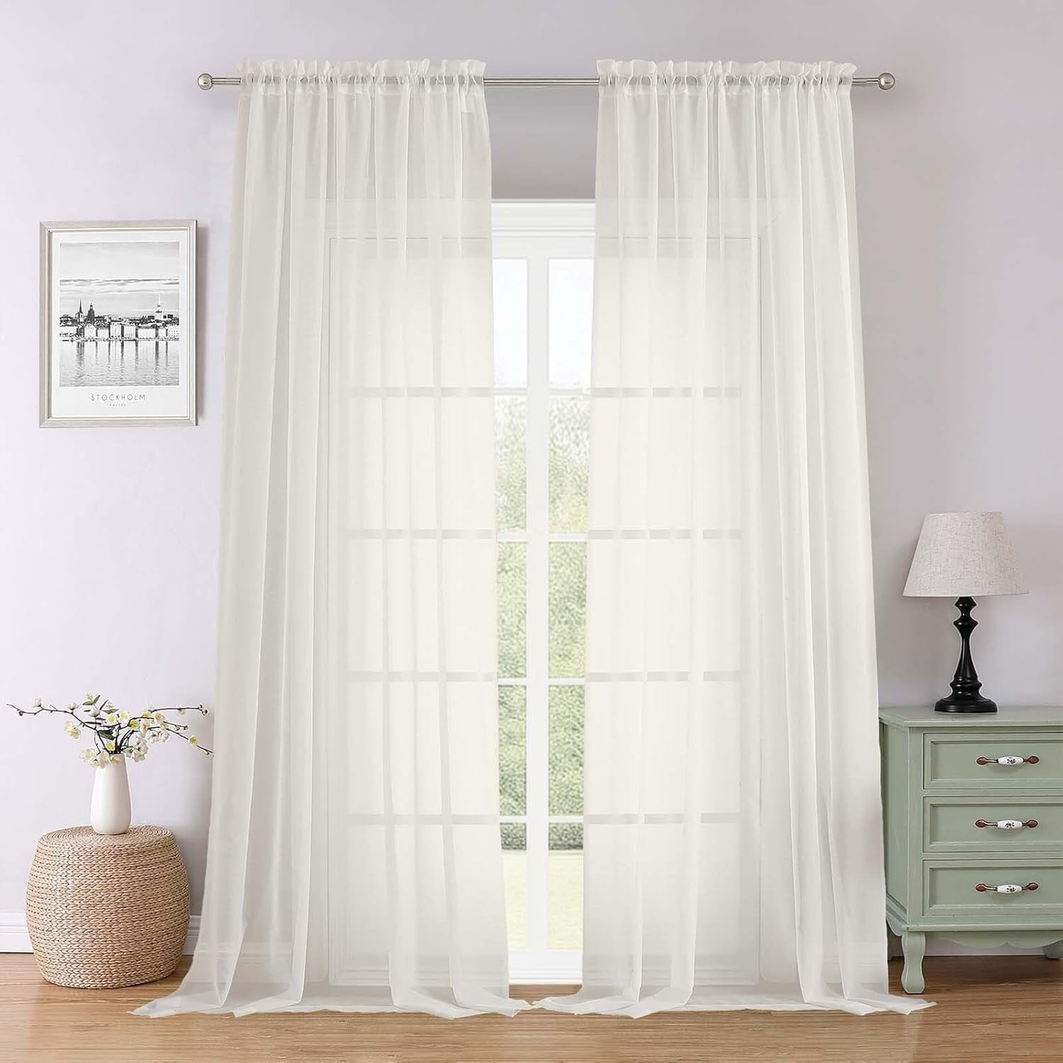 GHGSDH-Ivory Sheer Curtains 96 Inches Long 2 Panels Set, Solid Airy ...